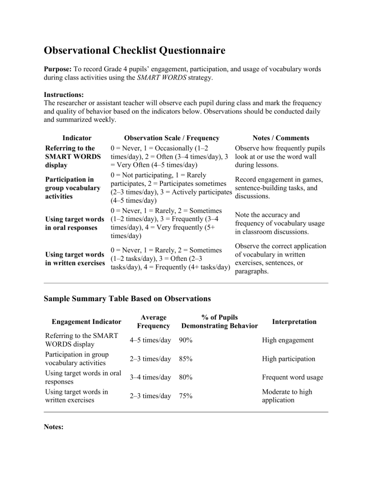 Grade 4 Vocabulary Checklist: SMART WORDS Strategy
