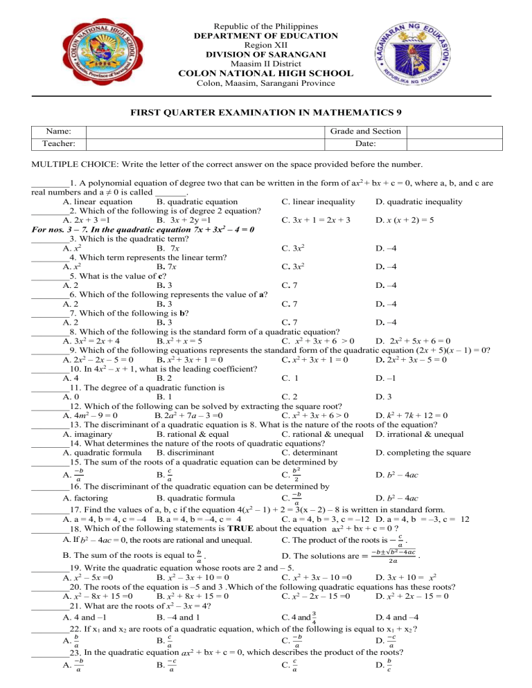 Mathematics 9 First Quarter Exam - Quadratic Equations