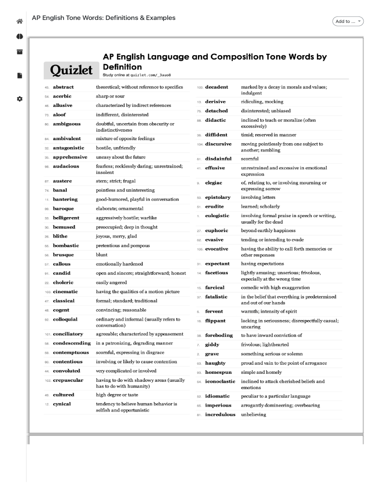 AP English Tone Words: Vocabulary List for Language Analysis