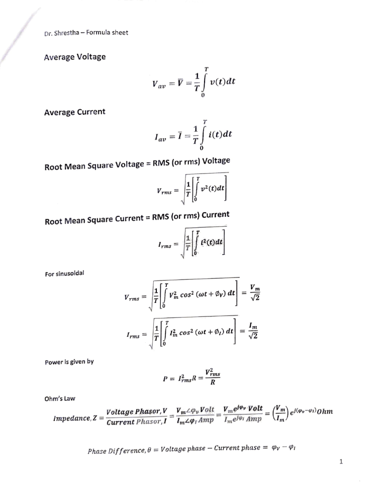 Electrical Engineering Formula Sheet - Dr. Shrestha