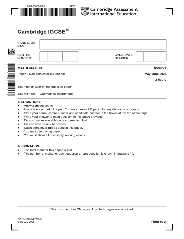 IGCSE Mathematics Paper 2 (Extended) - May/June 2025