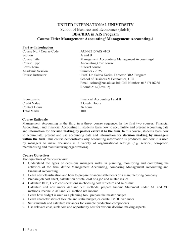 Management Accounting Course Syllabus - UIU