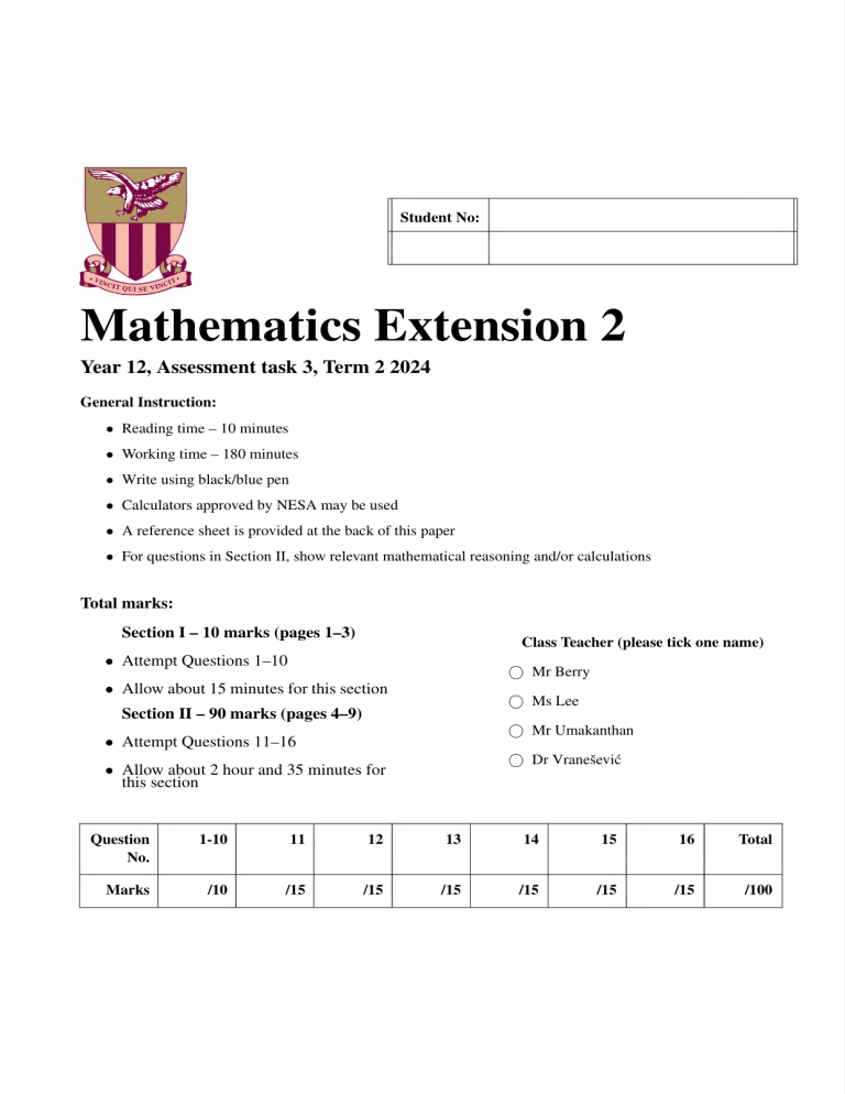Year 12 Maths Extension 2 Exam Paper