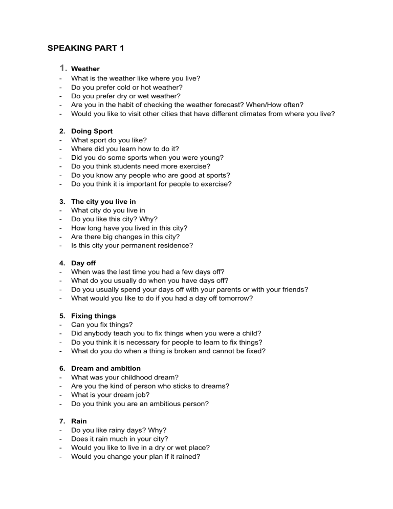 IELTS Speaking Practice Questions: Part 1, 2 & 3