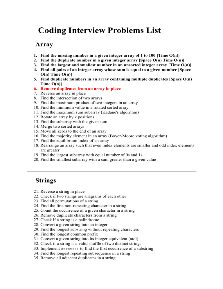 Coding Interview Problems List: Data Structures & Algorithms