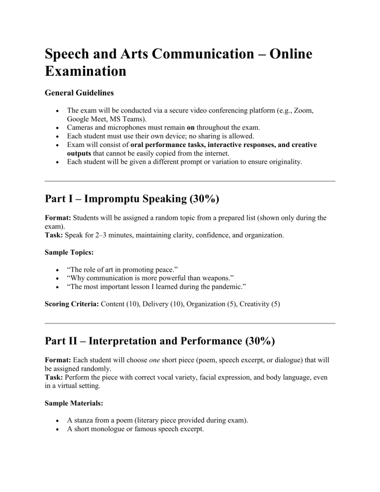 Speech and Arts Communication Online Exam Guidelines & Tasks