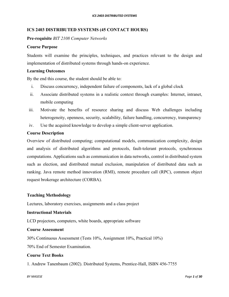 ICS 2403 Distributed Systems Course: Principles & Applications