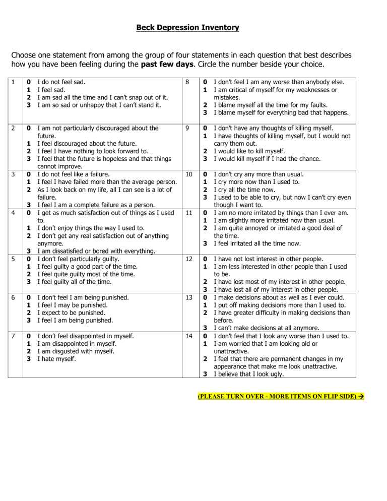 Beck Depression Inventory (BDI) | Mental Health Assessment Tool
