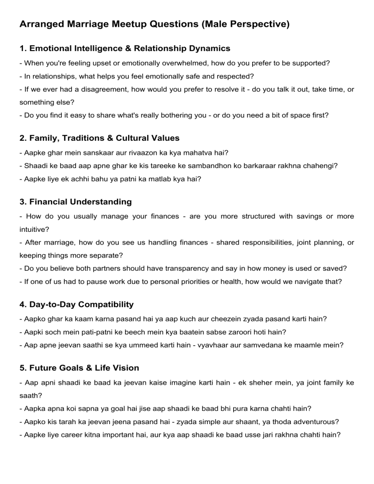 Arranged Marriage Meetup Questions: Male Perspective Discussion Guide