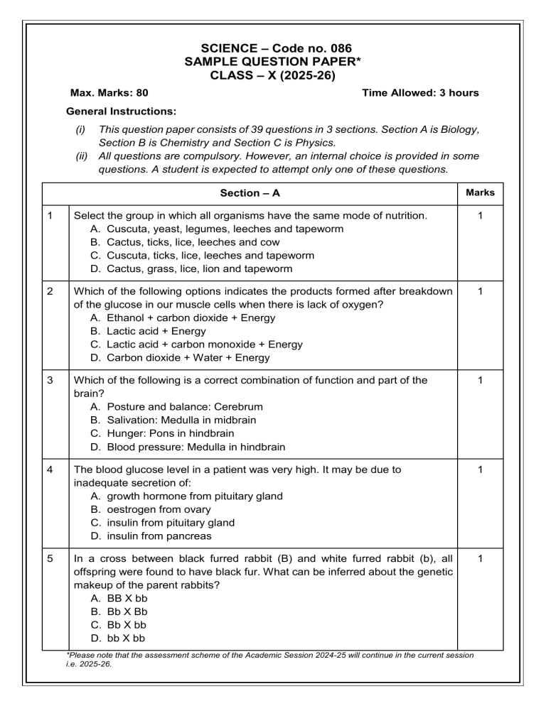 Science Class 10 Sample Question Paper 2025-26 | Biology, Chemistry ...