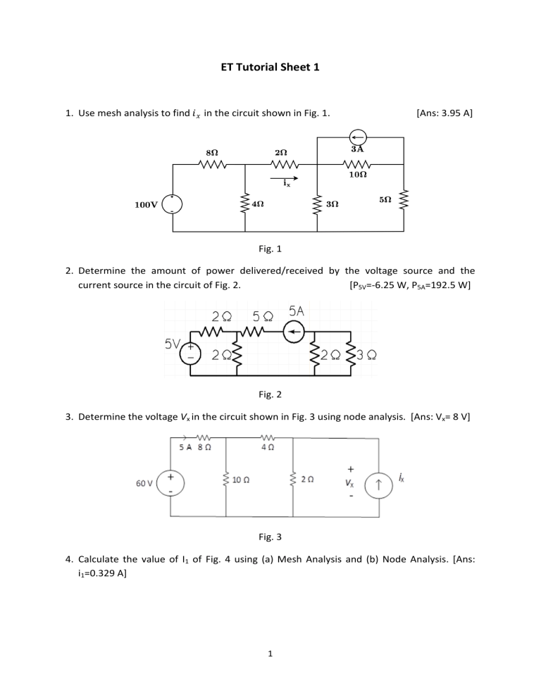 ET Tutorial Sheet 1: Electrical Circuit Analysis Problems & Solutions