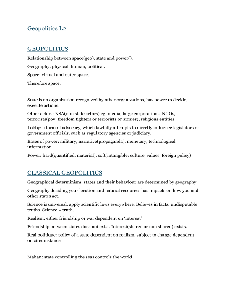Geopolitics L2: Classical Theories, State, Power & Global Influence