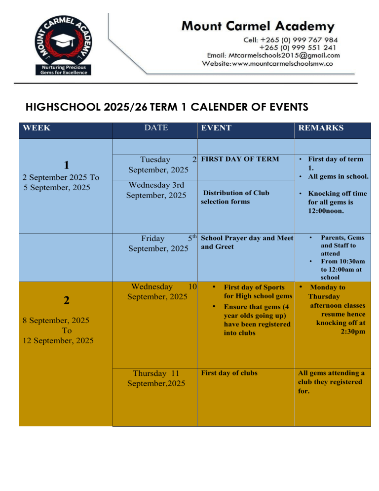 Mount Carmel Academy High School 2025/26 Term 1 Calendar