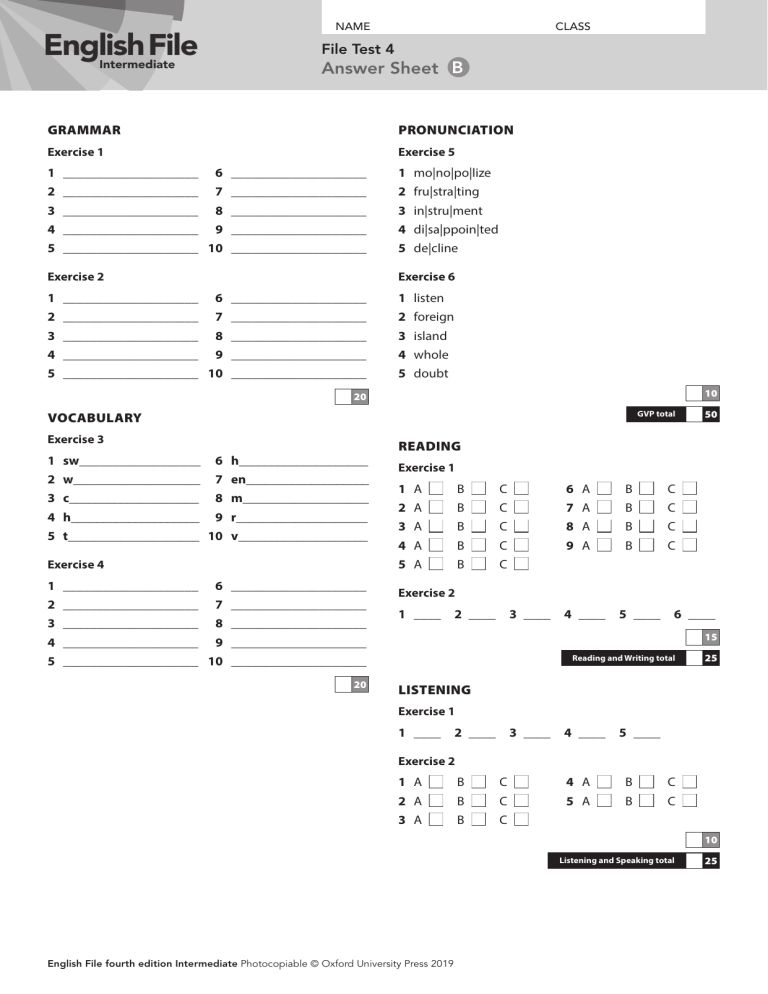 English File Intermediate File Test 4 Answer Sheet B