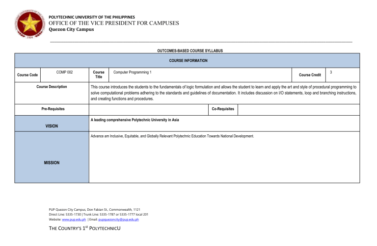 PUP Computer Programming 1 Syllabus | Outcomes-Based Course