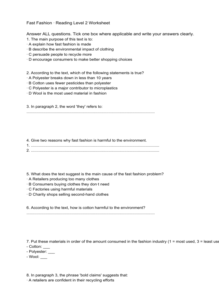 Fast Fashion Reading Comprehension Worksheet - Environmental Impact