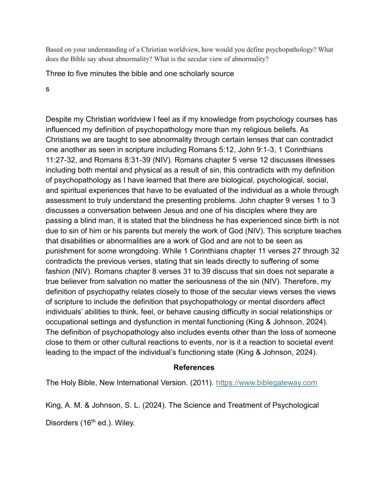 Psychopathology: Christian Worldview vs. Secular Views & Bible