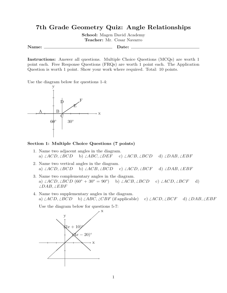 7th Grade Geometry Quiz: Angle Relationships - Magen David Academy