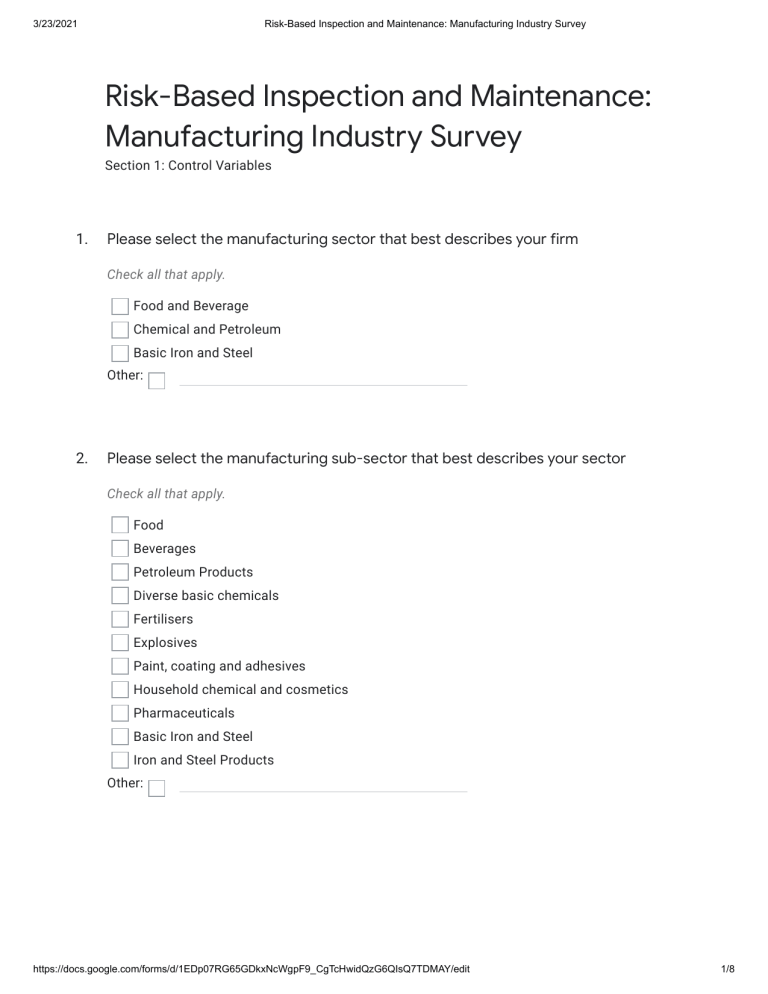 Risk-Based Inspection & Maintenance: Manufacturing Industry Survey