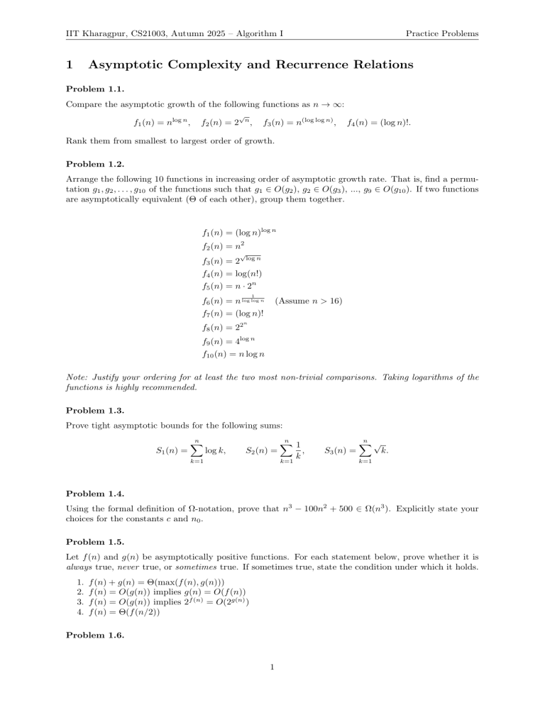 IIT Kharagpur Algorithm I: Asymptotic Complexity & Recurrence Problems