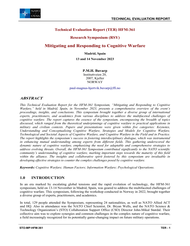 NATO HFM-361: Mitigating & Responding to Cognitive Warfare Symposium Report