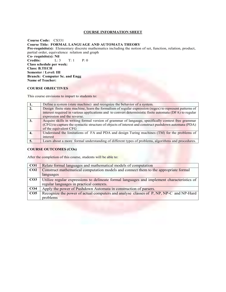 Formal Language & Automata Theory Course Syllabus | CS331