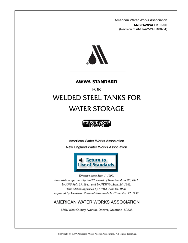 AWWA D100-96 Standard: Welded Steel Tanks for Water Storage Design