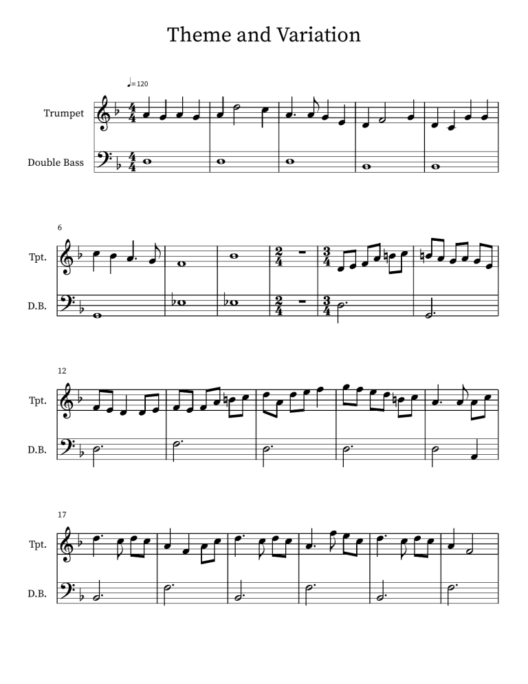 Theme and Variation Sheet Music for Trumpet and Double Bass