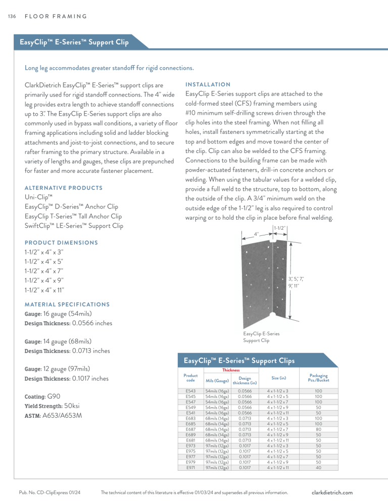 EasyClip E-Series Support Clip: Floor Framing Technical Data