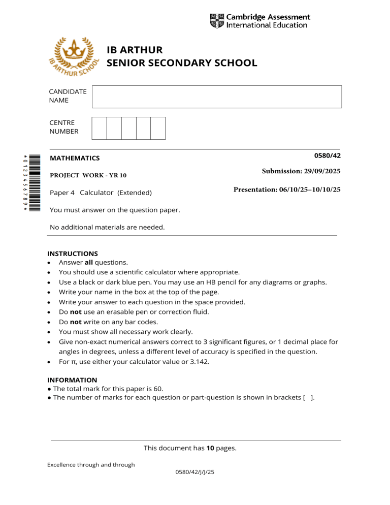 IB Arthur School Year 10 Maths Project Work Paper 0580/42