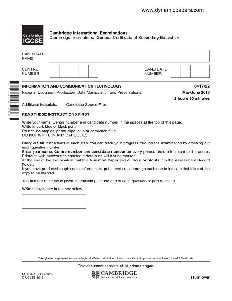 IGCSE ICT Paper 2 May/June 2016 - Document Production, Data Manipulation