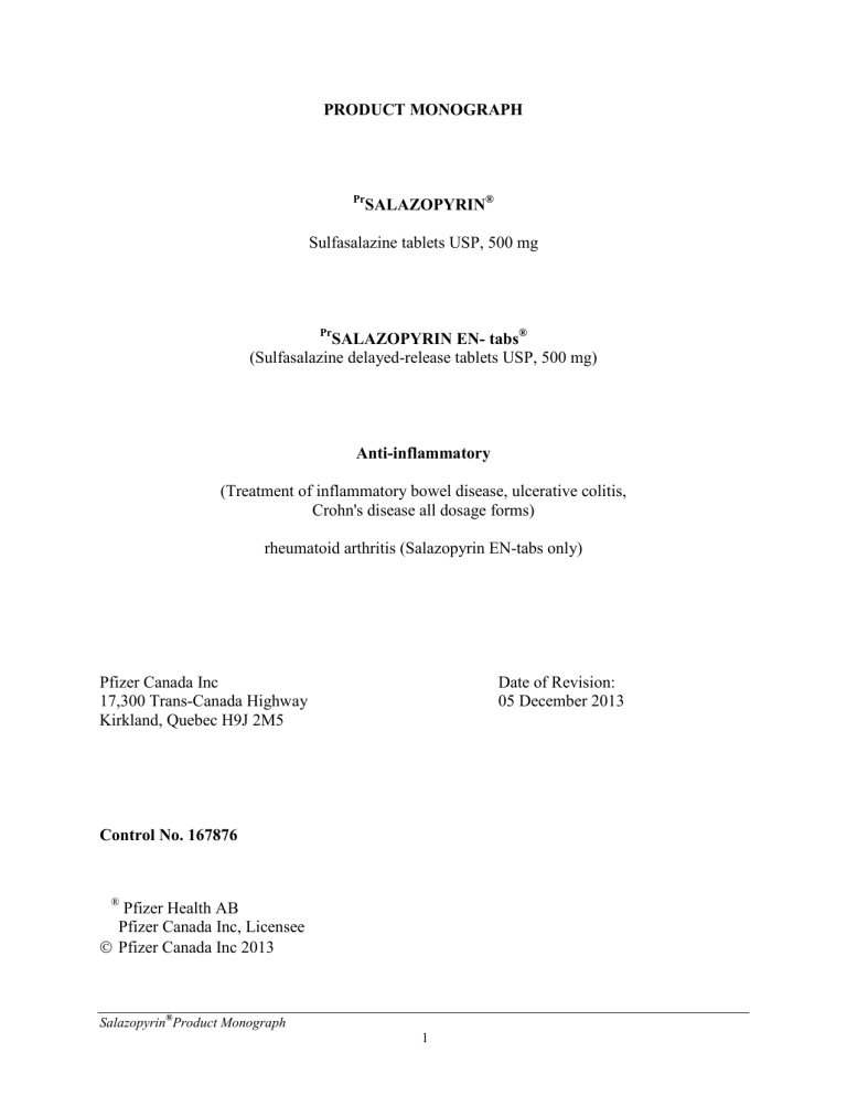 Salazopyrin Product Monograph: Sulfasalazine Tablets & EN-tabs Info