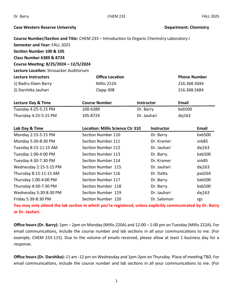 CHEM 233 Organic Chemistry Lab I Syllabus - CWRU Fall 2025