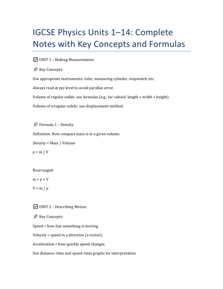 IGCSE Physics Notes: Units 1-14 Key Concepts & Formulas
