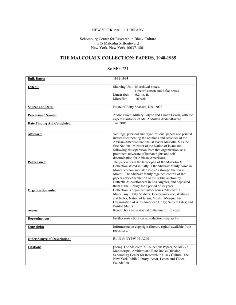 Malcolm X Collection Papers: Schomburg Center Finding Aid (1948-1965)