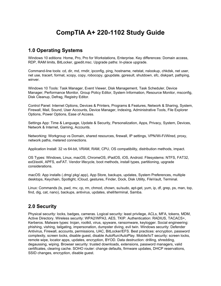 CompTIA A+ 220-1102 Study Guide: OS, Security, Troubleshooting
