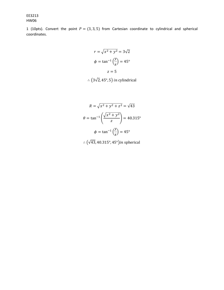 EE3213 HW06: Cartesian, Cylindrical, Spherical Coordinate Conversion