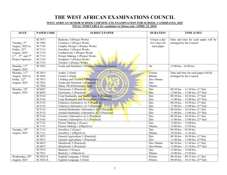 WASSCE 2025 Ghana Final Timetable - School Candidates