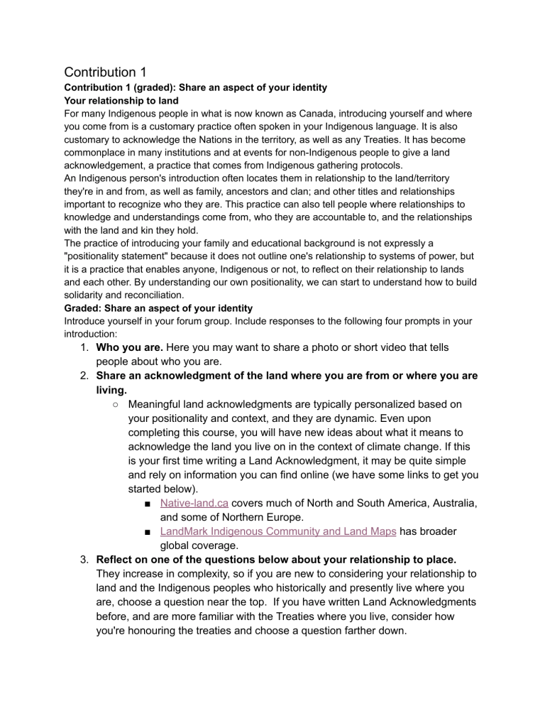 Identity, Land & Climate Change: Course Assignment on Positionality