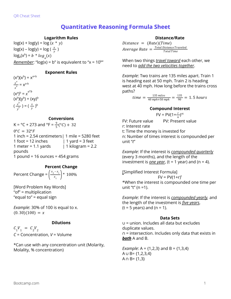 Quantitative Reasoning Formula Sheet | Math & Statistics Cheat Sheet