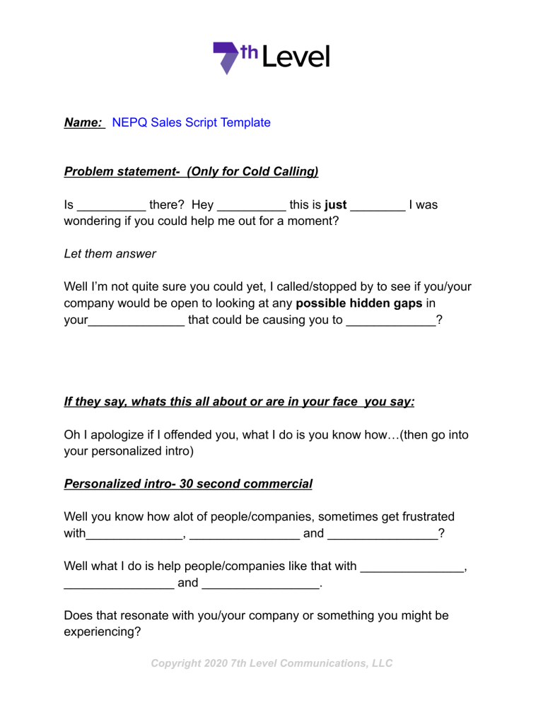 NEPQ Sales Script Template: Cold Calling & Lead Engagement Guide