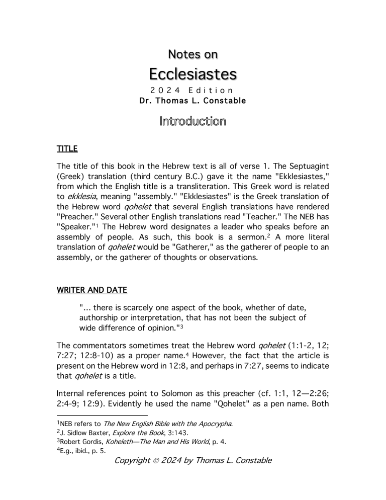 Notes on Ecclesiastes: Dr. Thomas L. Constable's 2024 Commentary