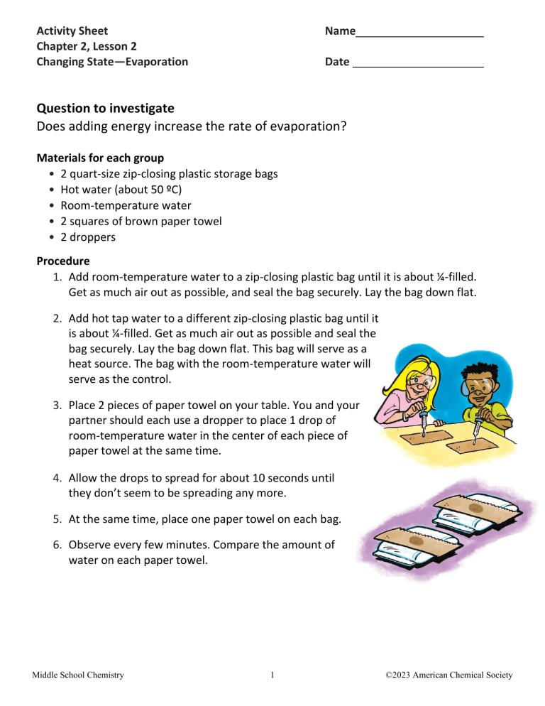 Evaporation Experiment: Activity Sheet for Middle School Chemistry