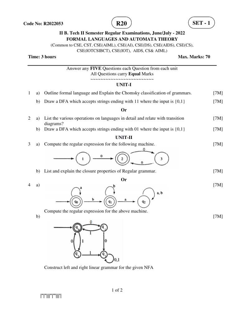 Formal Languages & Automata Theory Exam Paper
