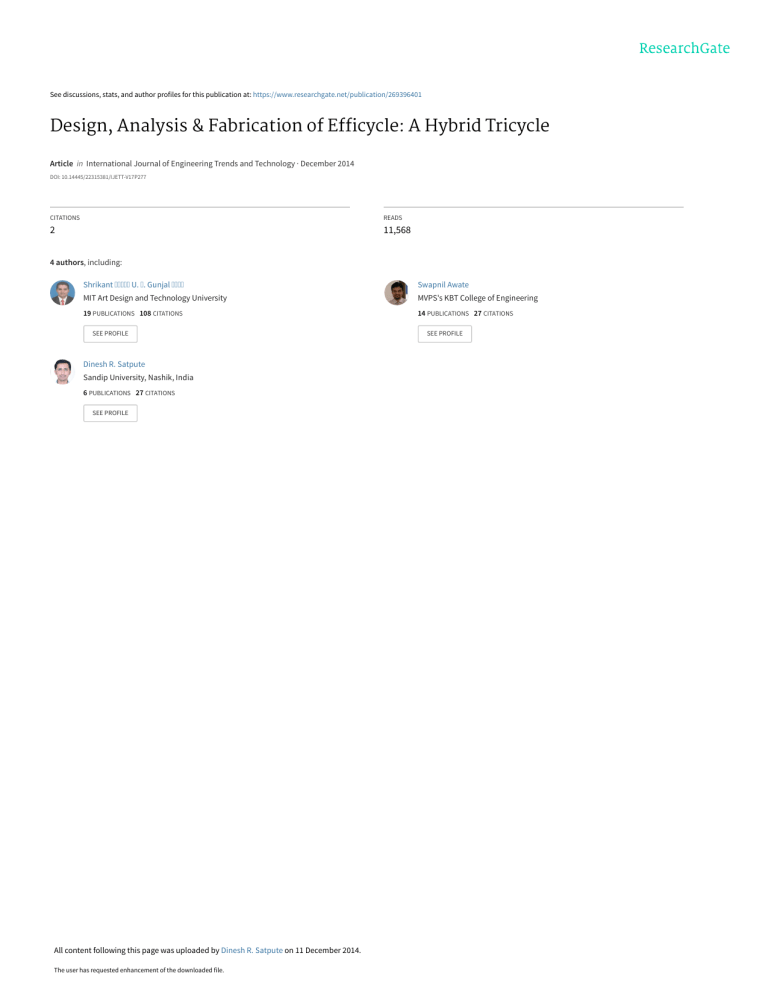 Design, Analysis & Fabrication of Efficycle: A Hybrid Tricycle