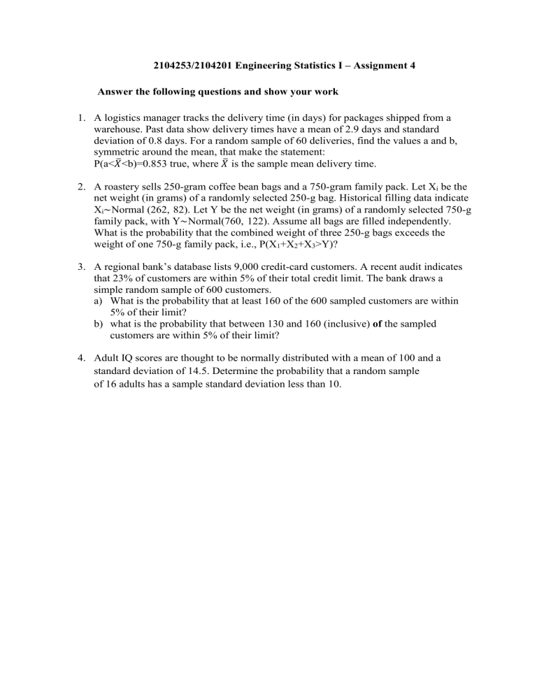 Engineering Statistics I - Assignment 4: Probability & Distributions