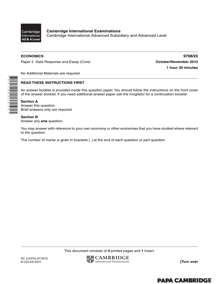 Cambridge A Level Economics Paper 2 (9708/22) Oct/Nov 2015