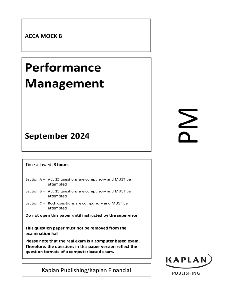 ACCA PM Mock B Exam Paper September 2024 - Performance Management