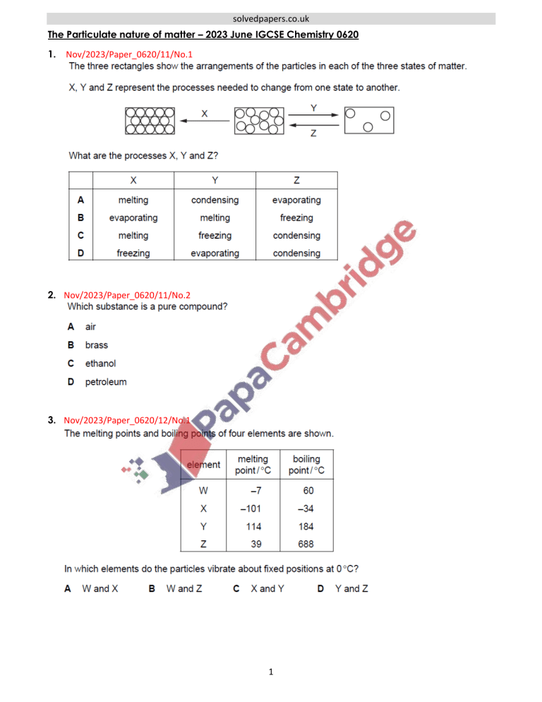 IGCSE Chemistry 0620: Particulate Nature of Matter (2023 June)