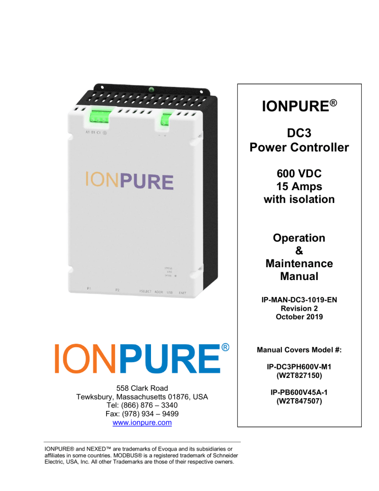 IONPURE DC3 Power Controller Manual: 600VDC, 15A Isolation